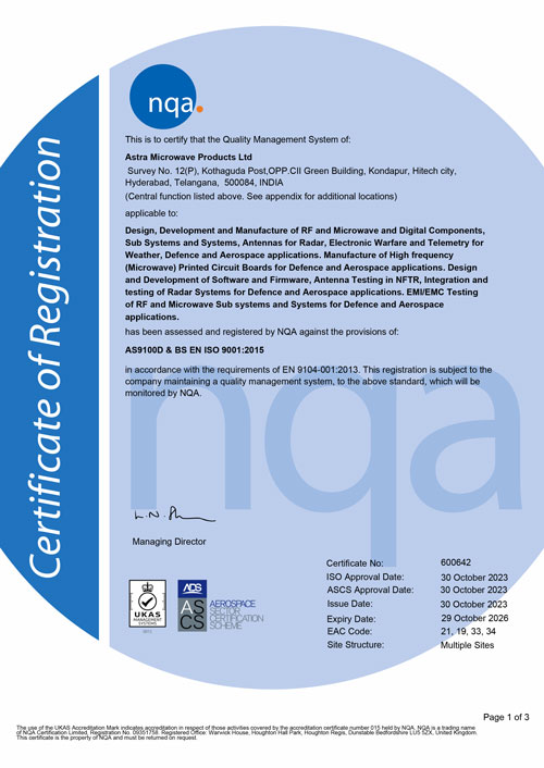 Quality Certificates – Astra Microwave Products Ltd.