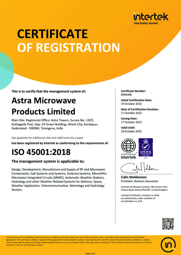 Quality Certificates – Astra Microwave Products Ltd.
